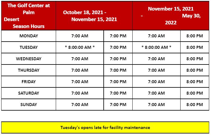 Hours of Operation - The Golf Center at Palm Desert